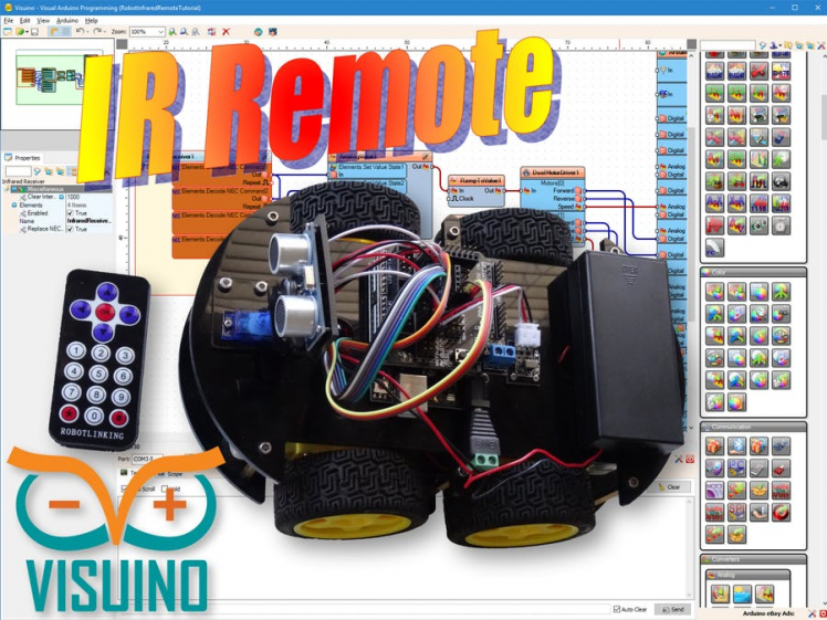Visuino Infrared Remote Controlled Arduino Smart Car Robot